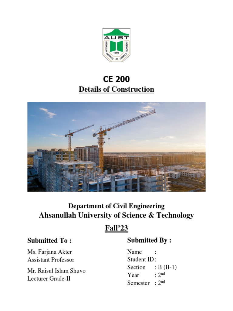 CE 200 Details of Construction: Department of Civil Engineering | PDF