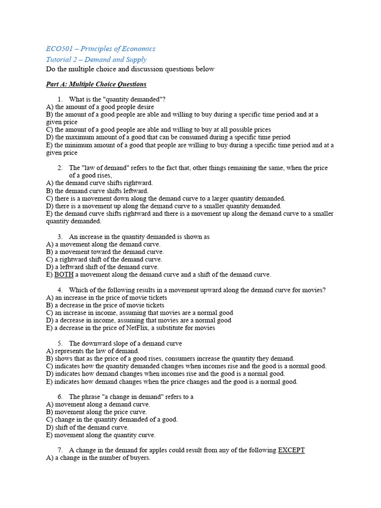 Tutorial 2 Questions | PDF | Demand | Economic Surplus
