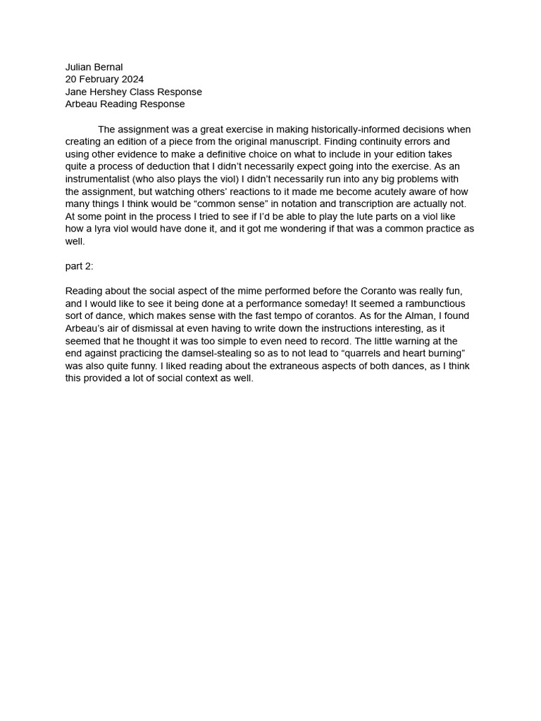 Historical Dance Reading Response | PDF