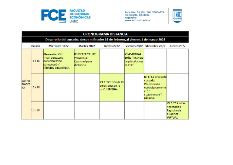 Cronograma ICI Distancia Ingreso 2024 | PDF