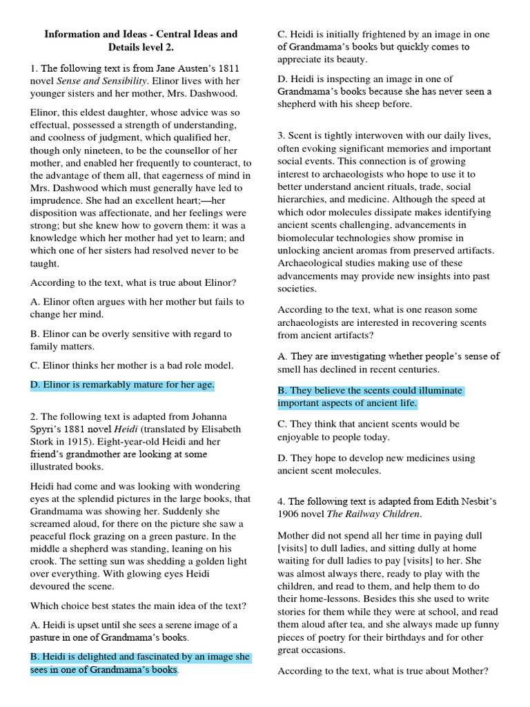 Central Ideas and Details Level 2 Practice | Download Free PDF | Odor ...