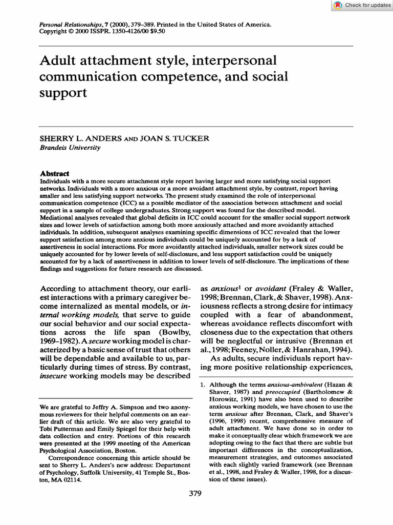 Personal Relationships - 2005 - ANDERS - Adult Attachment Style ...