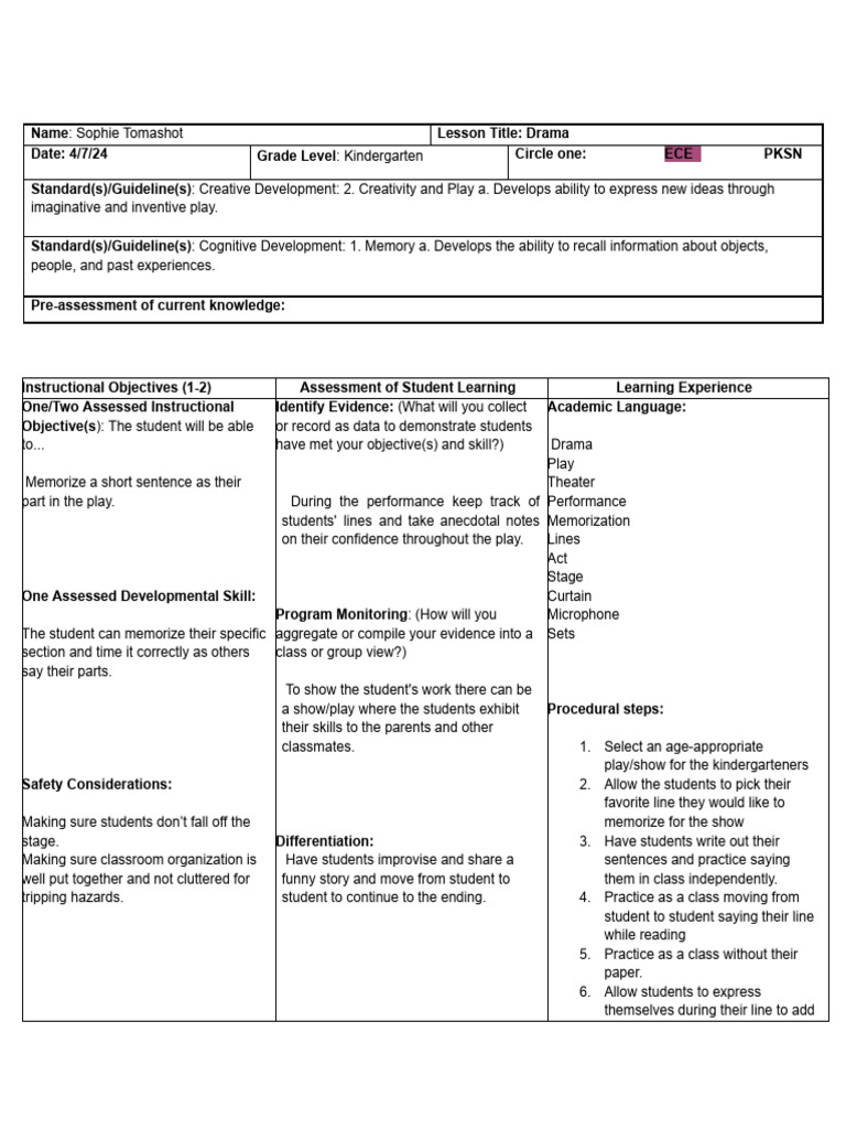 Kindergarten Drama Play Guide | PDF | Educational Assessment | Behavior ...