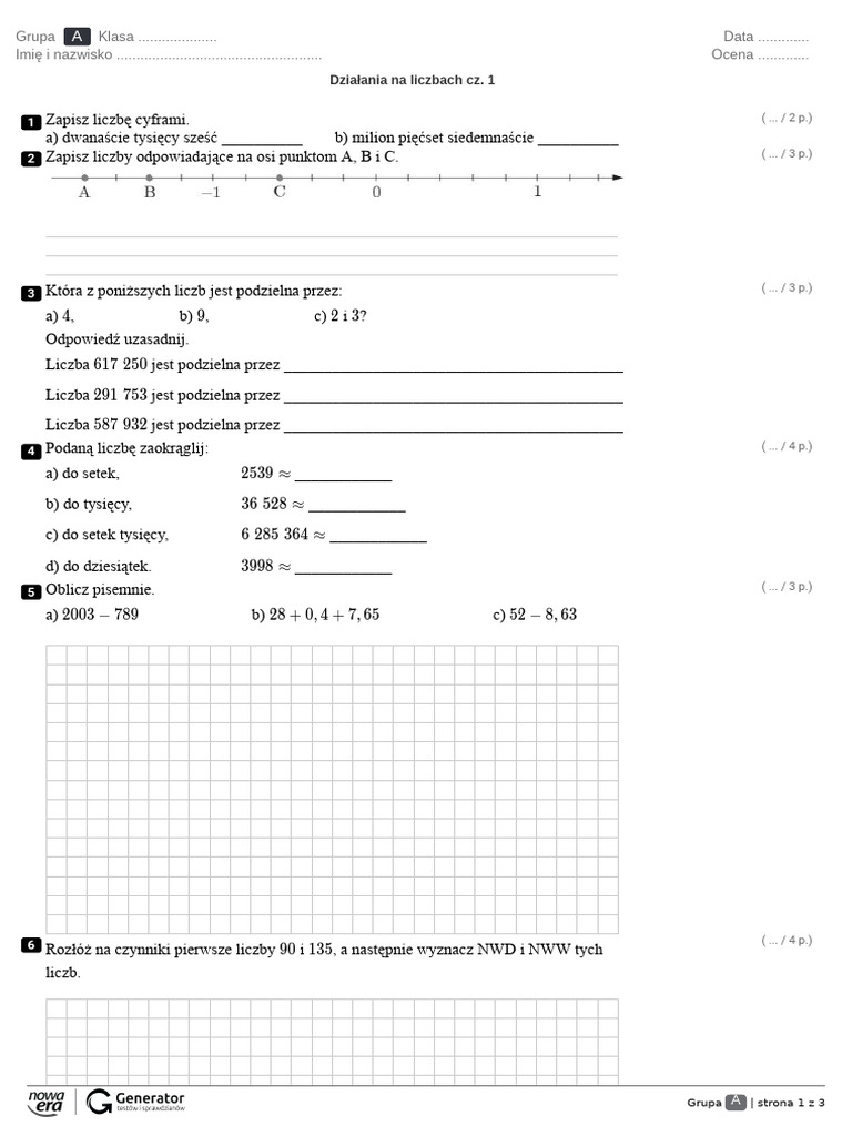 Dziaêania na liczbach cz. 1 Test | PDF