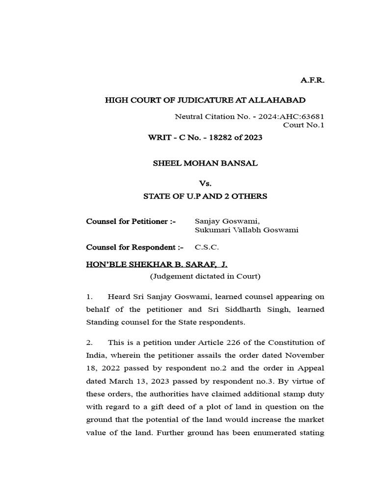 Allahabad HC Ruling on Gift Deed Stamp Duty | PDF | Market (Economics ...