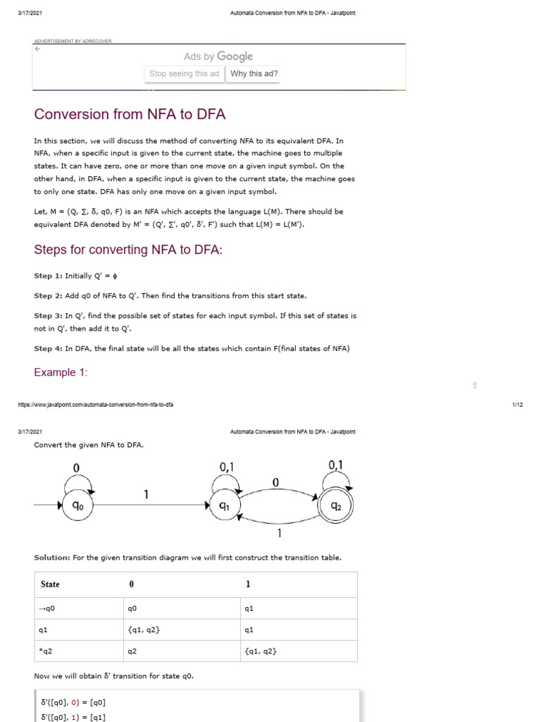 Automata Conversion From Nfa To Dfa Javatpoint Pdf Computing Computer Science