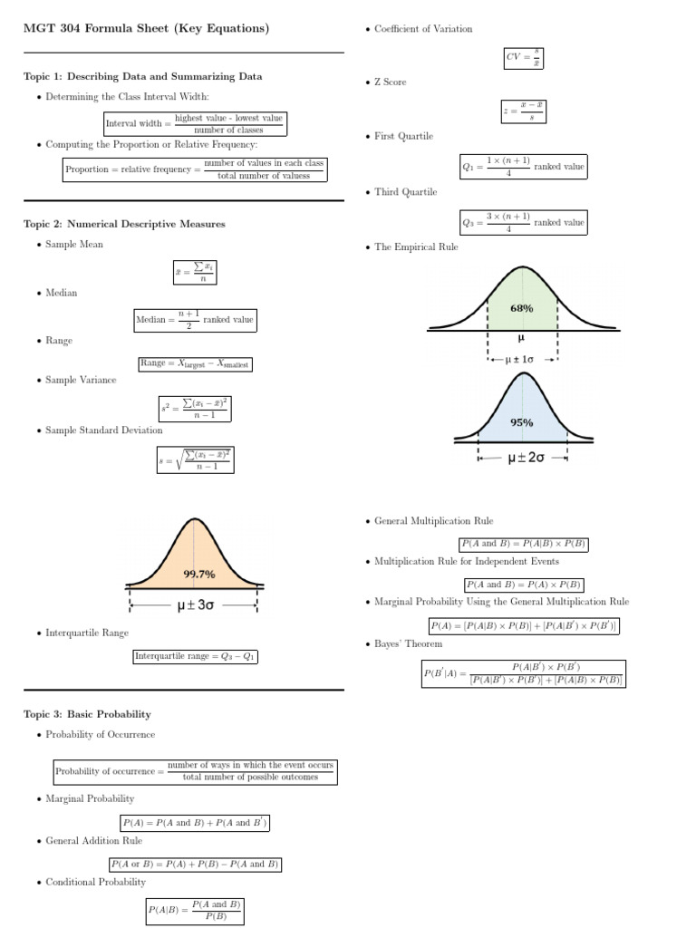 MGT 304 Formula Sheet | PDF | Median | Statistical Theory