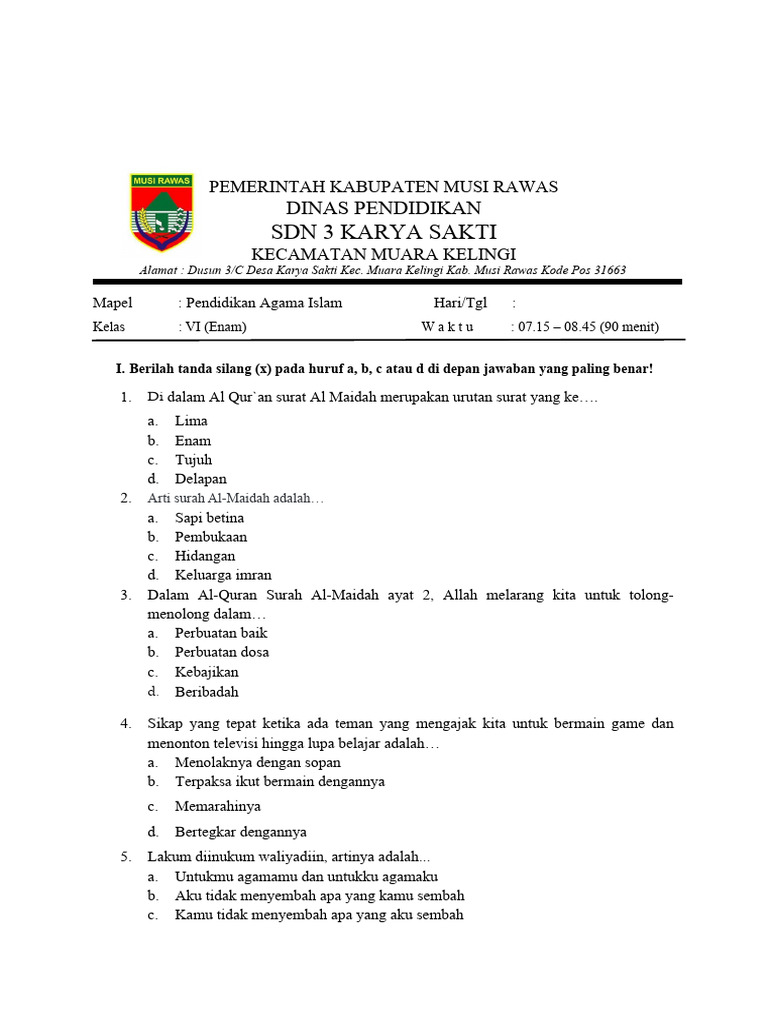 Mid Pai Kelas 6 | PDF | Agama & Spiritualitas | Seni & Disiplin Bahasa