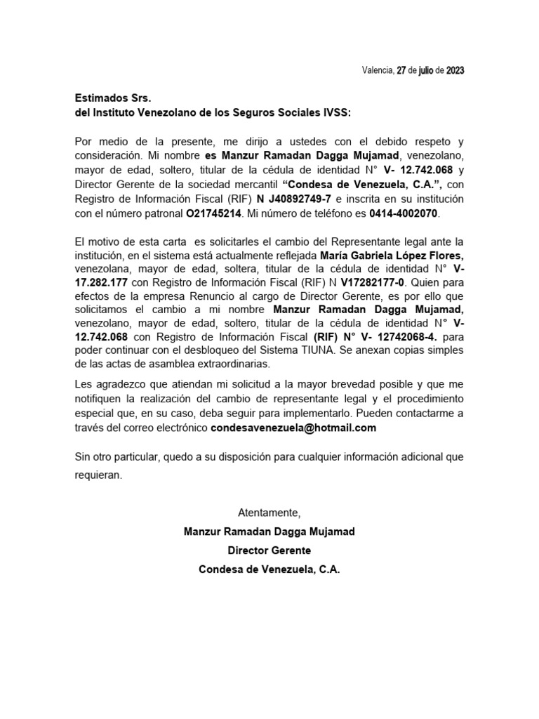 Carta Solicitud de Cambio de Representante Legal Ivss 2023 | PDF