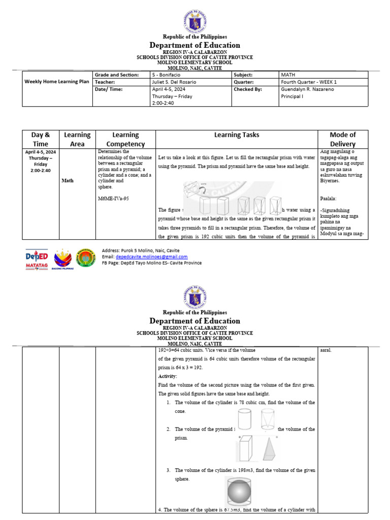 Q4 W1 Math 6 | PDF | Volume | Classical Geometry