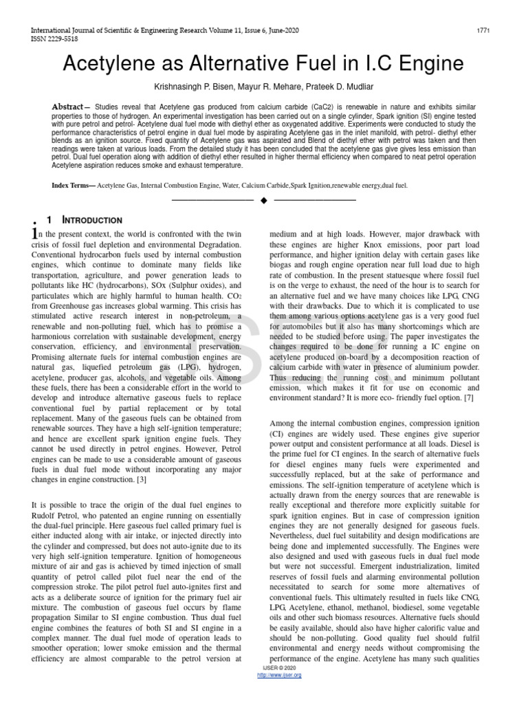 Acetylene as Alternative Fuel in I C Engine.pdf Dhurv | PDF | Internal Combustion Engine ...