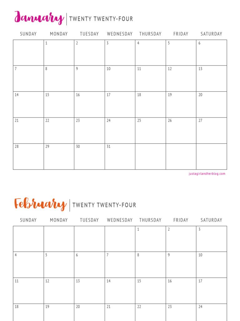 2024 Monthly Calendars - Horizontal, Sunday Start | PDF