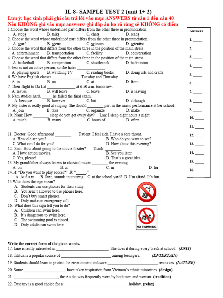 IL 8 Sample Test 2 + KEYS | PDF | Vietnam | Vietnamese Cuisine