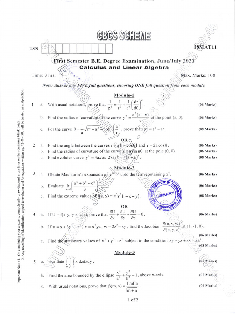 18MAT11-Calculus and Linear Algebra - June.July 2023 | PDF | Algebra | Linear Algebra
