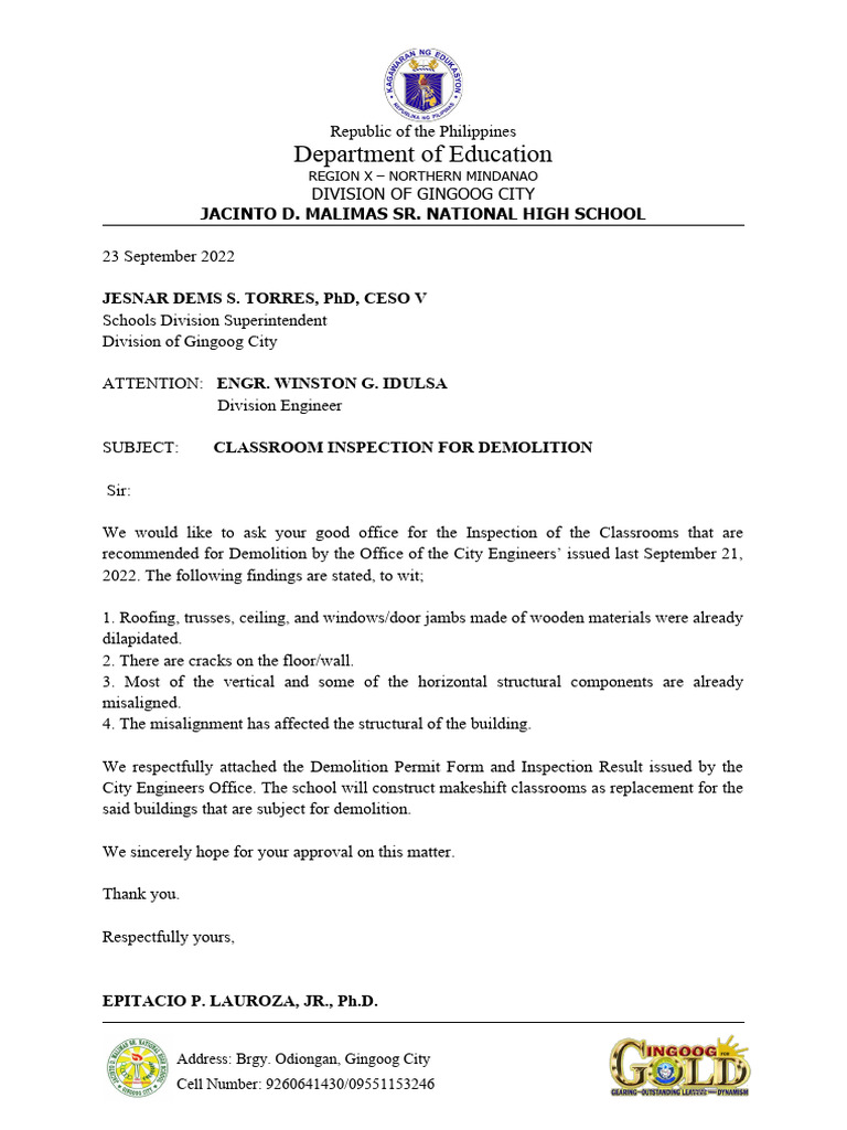 Letter - Request Demolition | PDF | Science & Mathematics