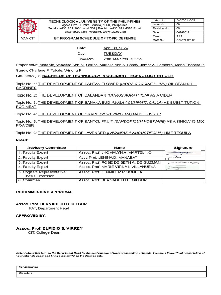 GROUP 1 CIT 3.2 BST - BT Program Schedule of Topic Defense | PDF ...
