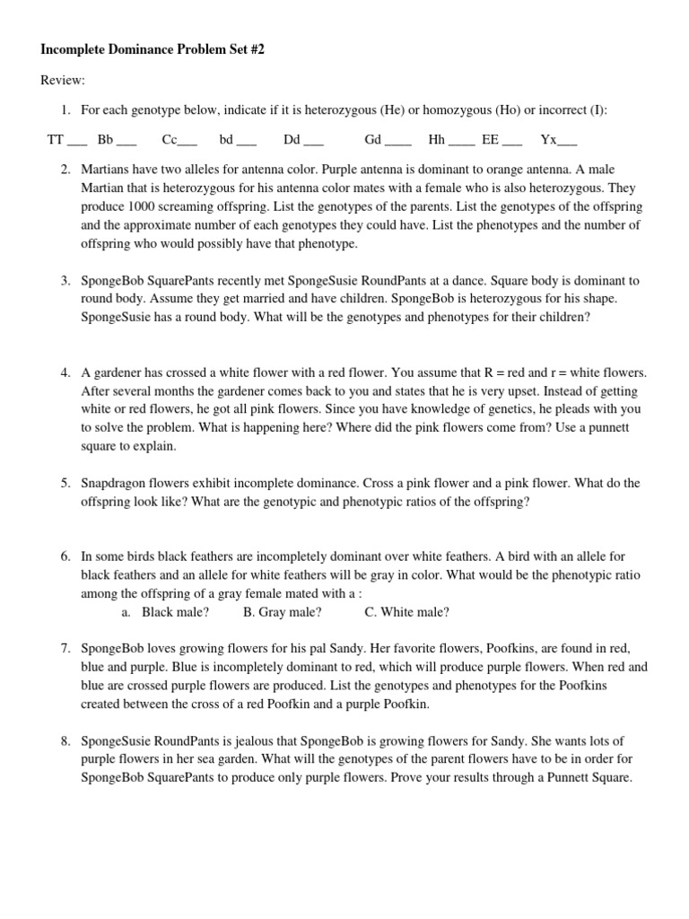 Incomplete Dominance Genetics Problems | PDF | Genotype | Dominance ...