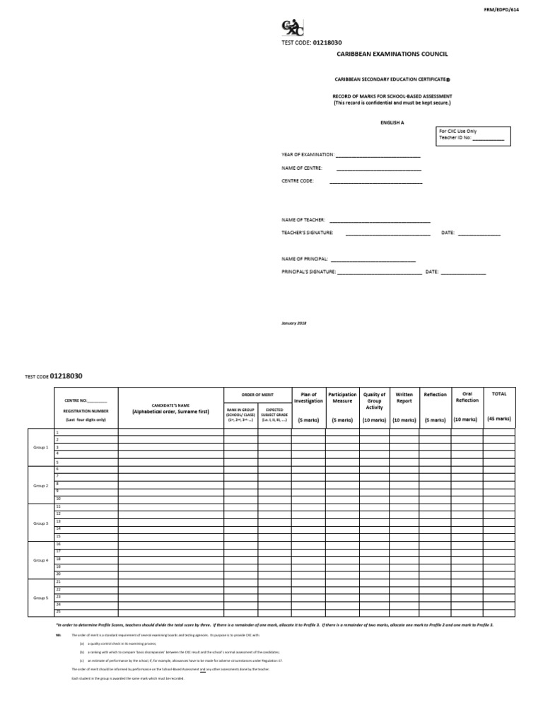 CSEC School-Based Assessment Marks Record | PDF | Teachers