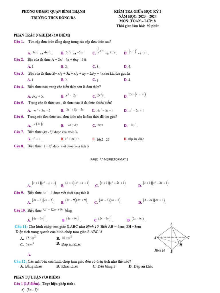 Dong Da - Toán 8 - GK1 | PDF