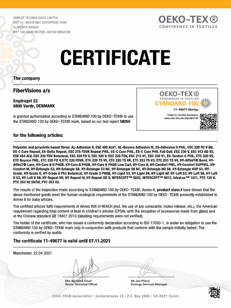 Oeko Tex Standard 100 Certificate | PDF