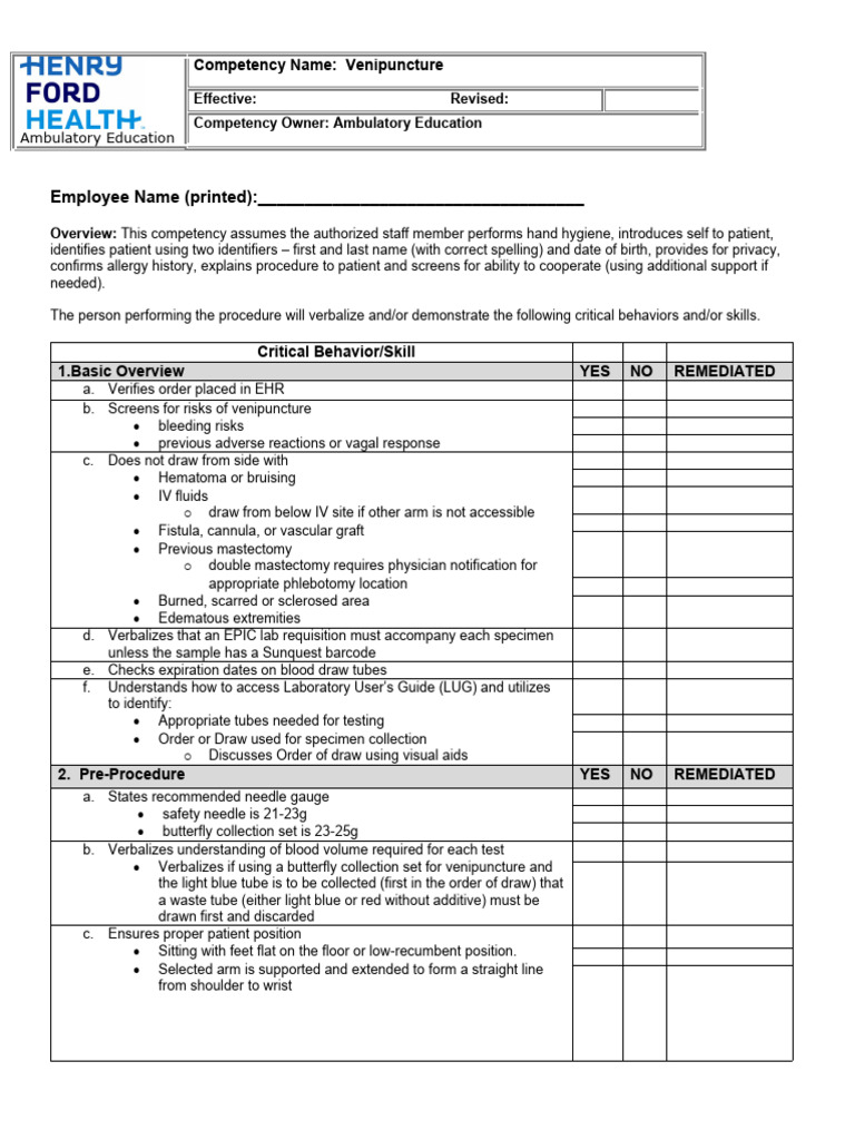 Venipuncture Competency Training Guide | PDF | Arm | Medical Specialties