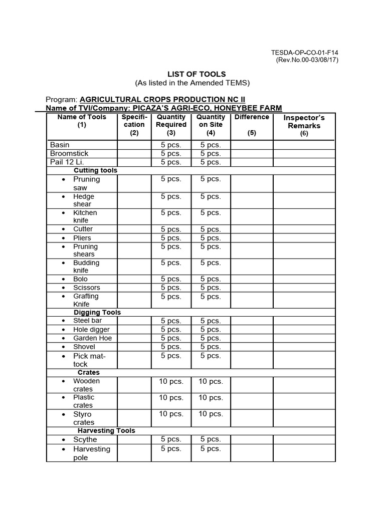 Picaza Tesda-Op-Co-01-F14 | PDF | Tools | Farming Tools