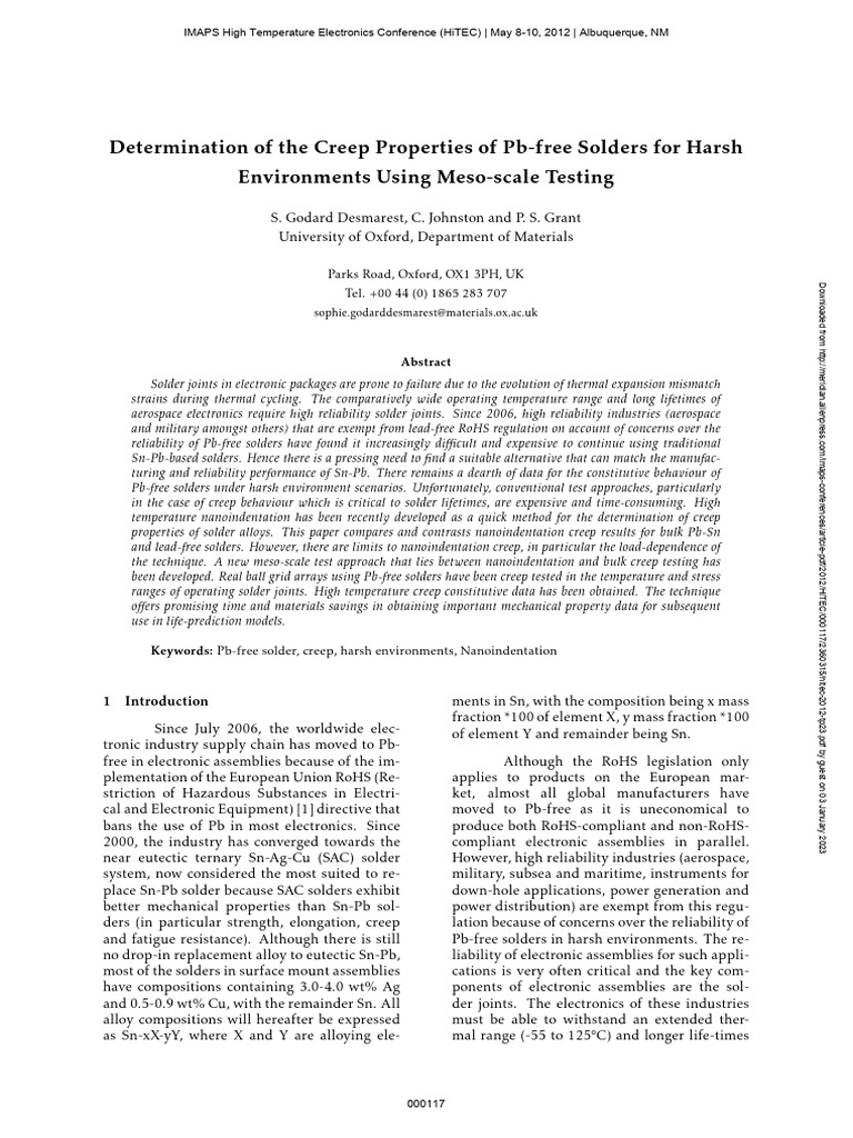 Determination of The Creep Properties of PB Free Solders For Harsh ...