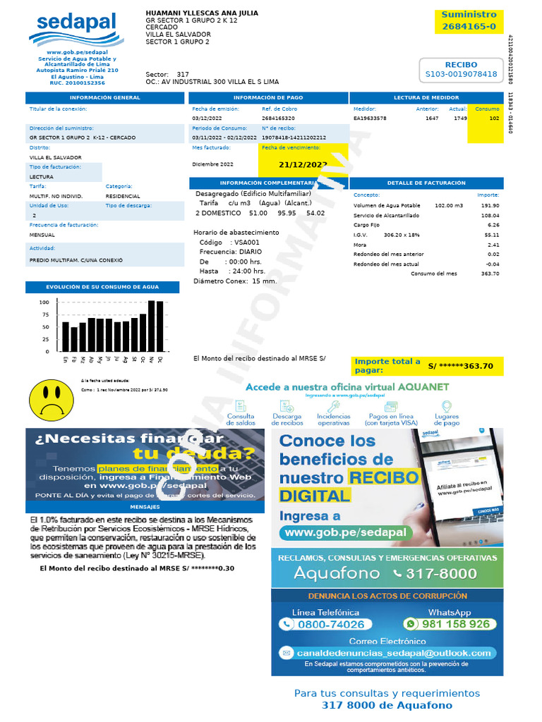 Sedapal - Recibo 02 Diciembre 2022 | Descargar gratis PDF | Agua | Higiene