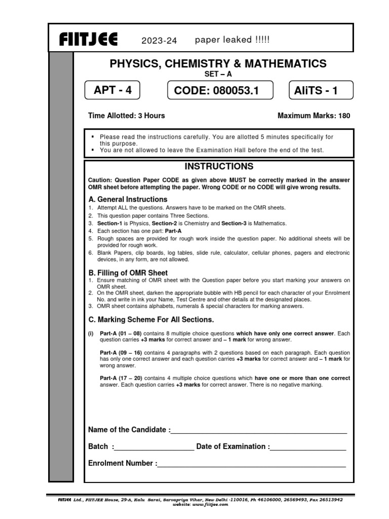 FIITJEE JEE Advanced Physics Paper A | PDF | Triangle | Circle