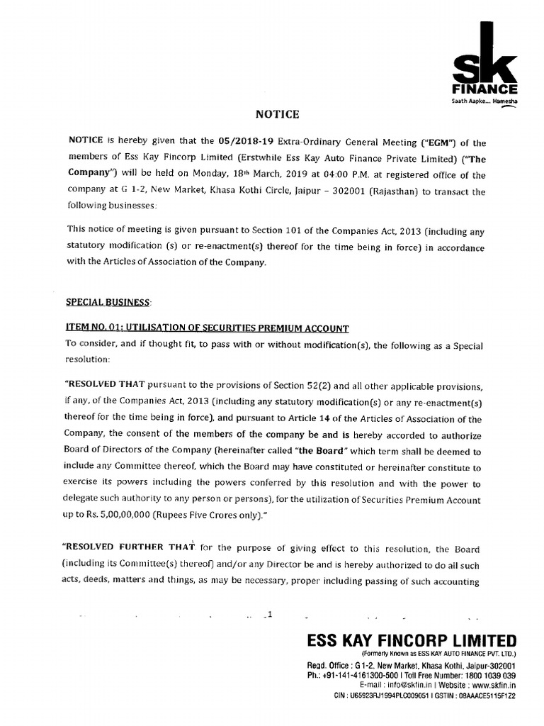 Notice 05th EGM 2018 19 d1759392fc | PDF | Securities (Finance ...