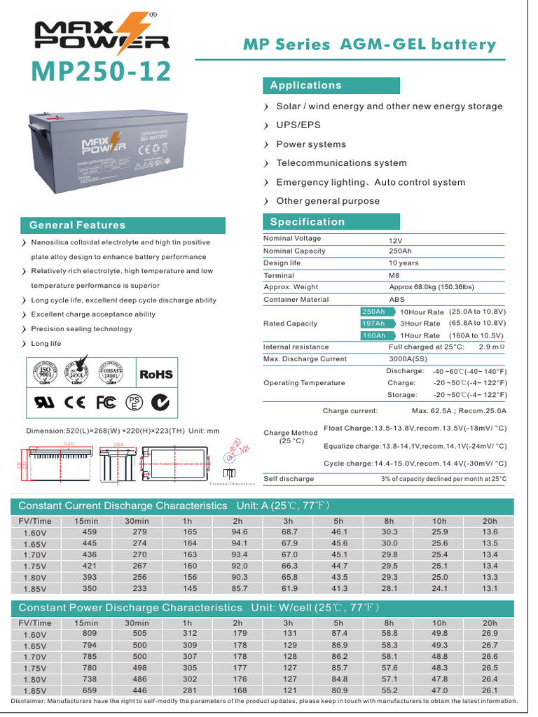 Ficha Tecnica Maxpower GEL MP250 12 | PDF | Electromagnetism | Energy Technology