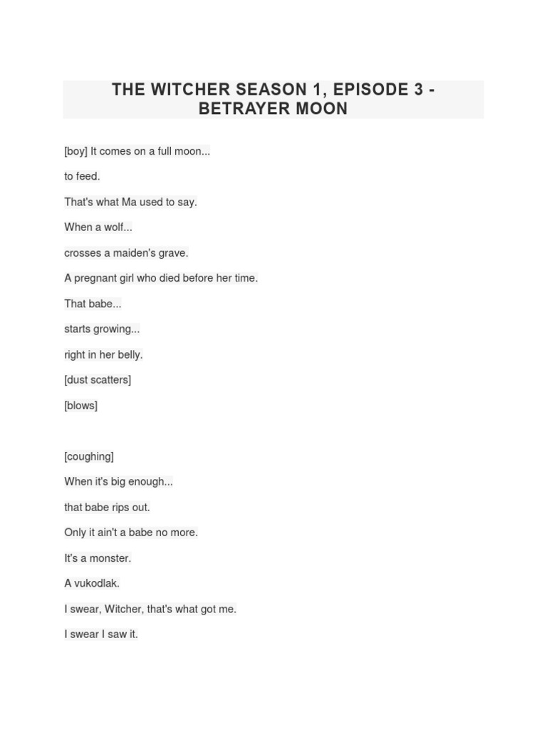 The Witcher Season 1, Episode 3 - Betrayer Moon | PDF