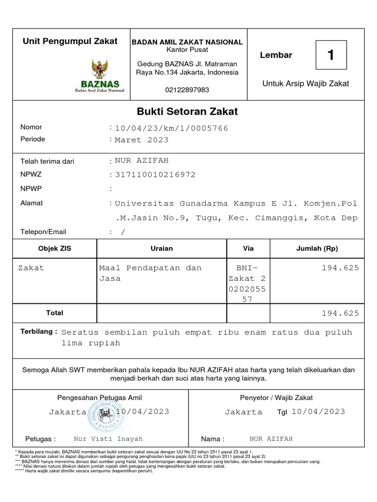 Bukti Setoran Zakat BAZNAS 2023 | PDF