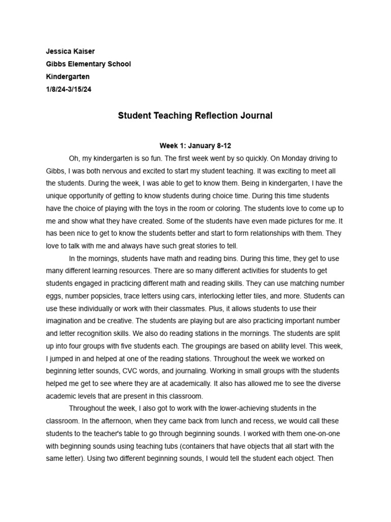 Jessica Kaiser Student Teaching Reflection Journal | PDF | Classroom ...