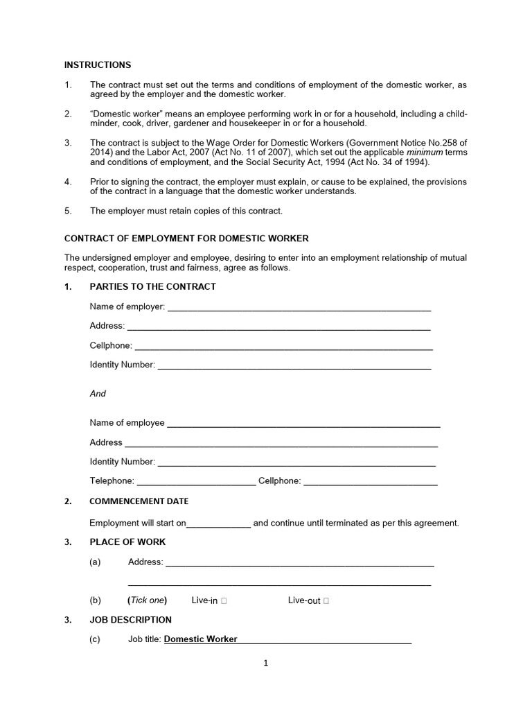 Domestic Contract 2024 | PDF | Employment | Domestic Worker