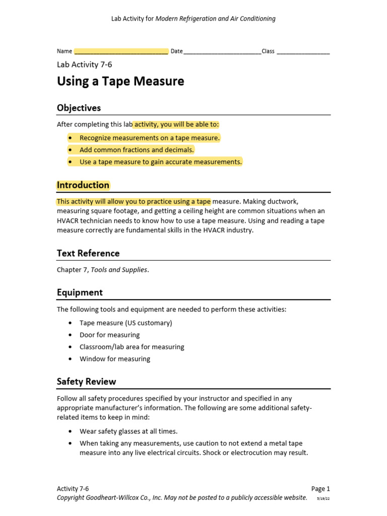 HCR101 7-6 Using A Tape Measure | PDF | Metrology