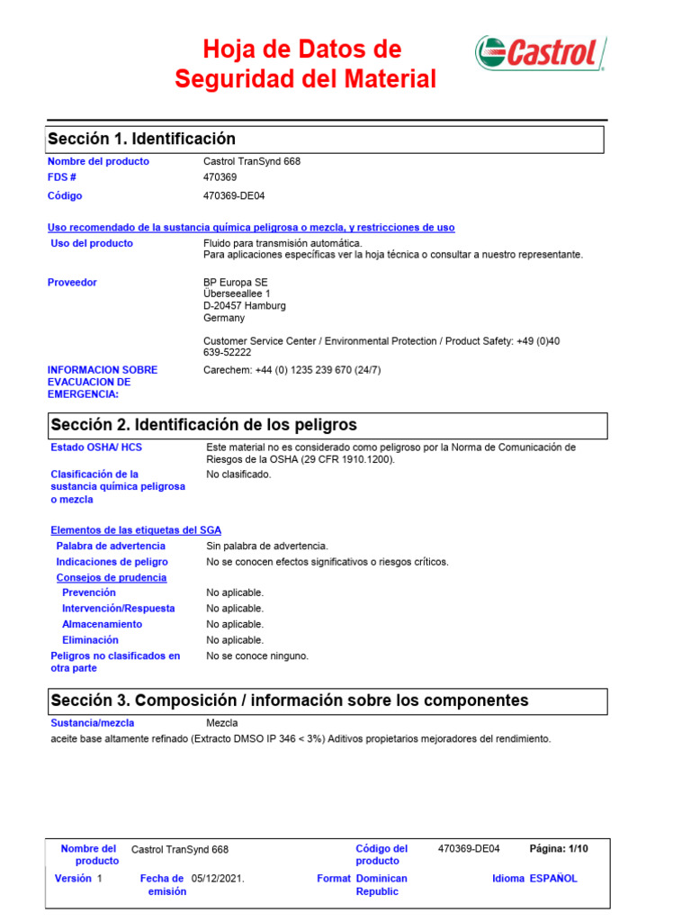 Hoja de Seguridad Castrol TranSynd 668 | PDF | Química