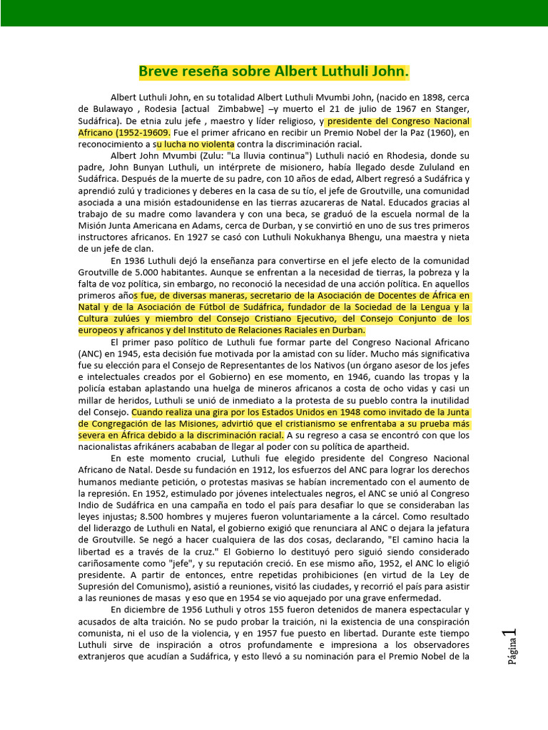 Albert Luthuli: Líder y Nobel de Paz | PDF | Política
