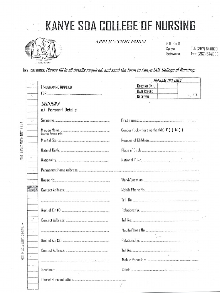 Kanye Sda College of Nursing Application Form | PDF
