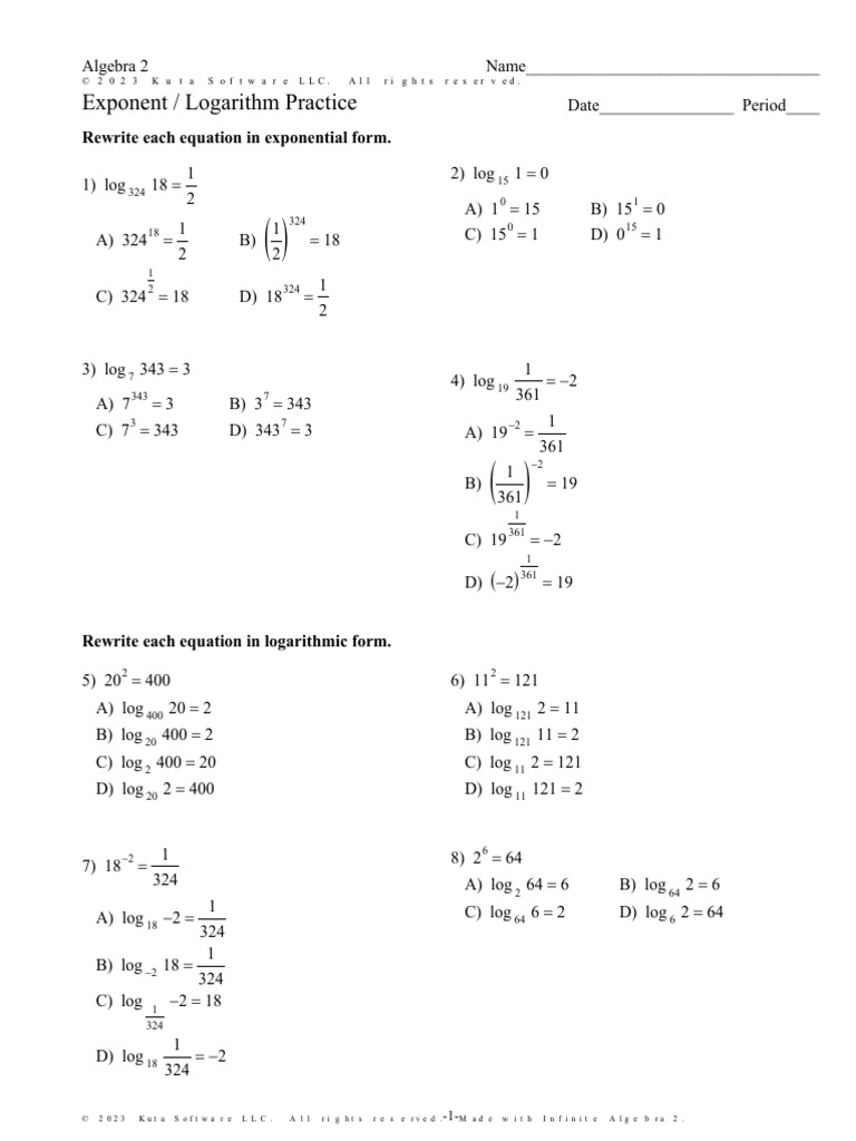 Exponent Logarithm Practice | Download Free PDF | Logarithm | Mathematical Concepts