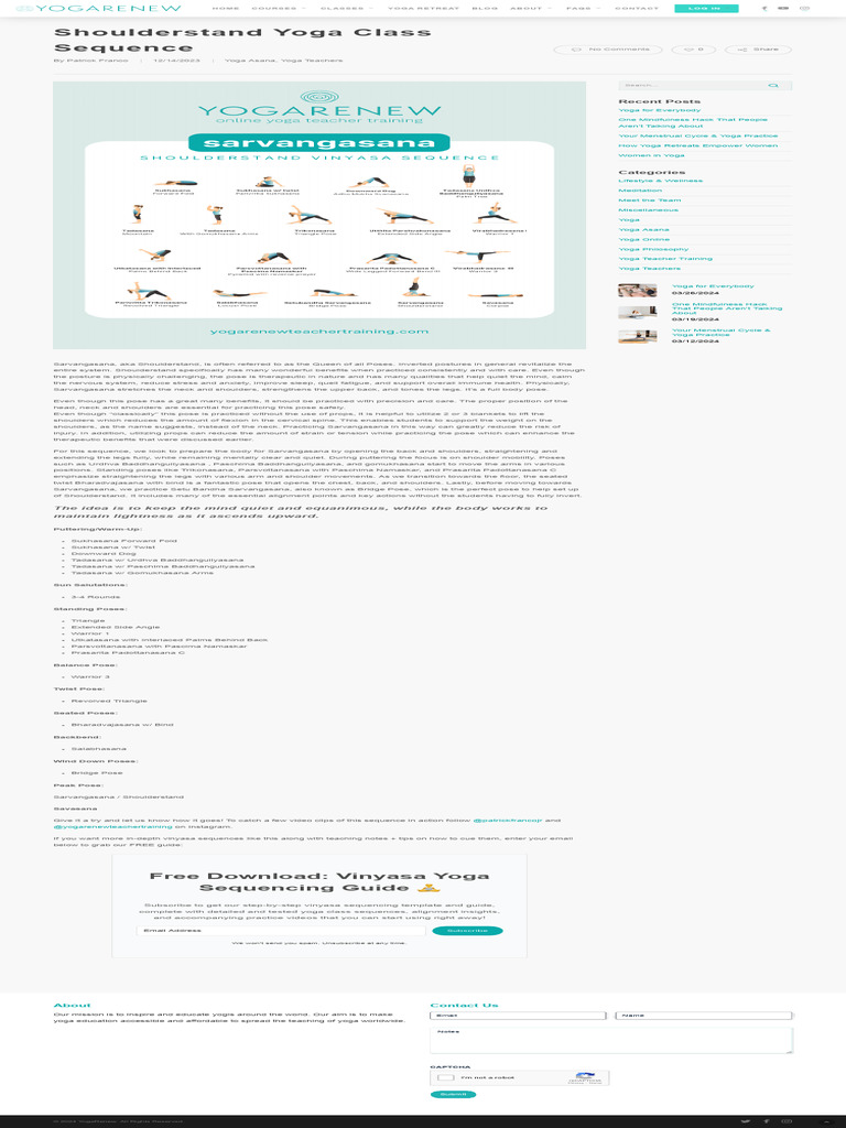 Shoulderstand Yoga Class Sequence - YogaRenew | PDF | Yoga | Hindu Prayer And Meditation