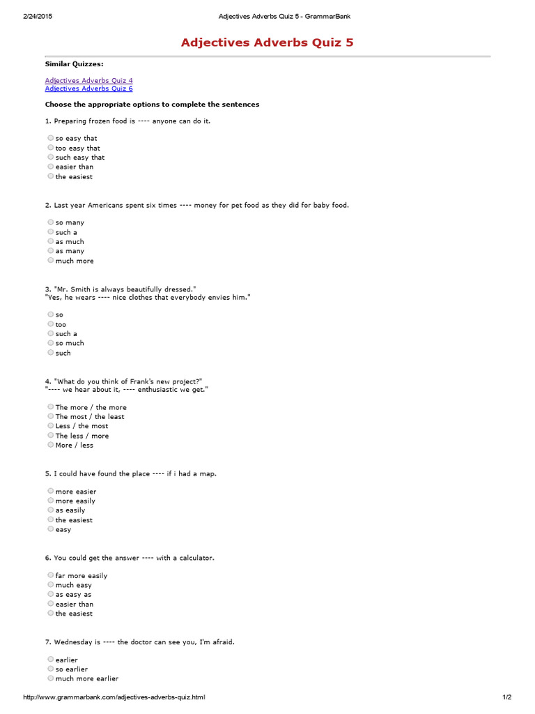 Adjectives Adverbs Quiz 5 - GrammarBank | PDF | Adverb | Linguistic ...