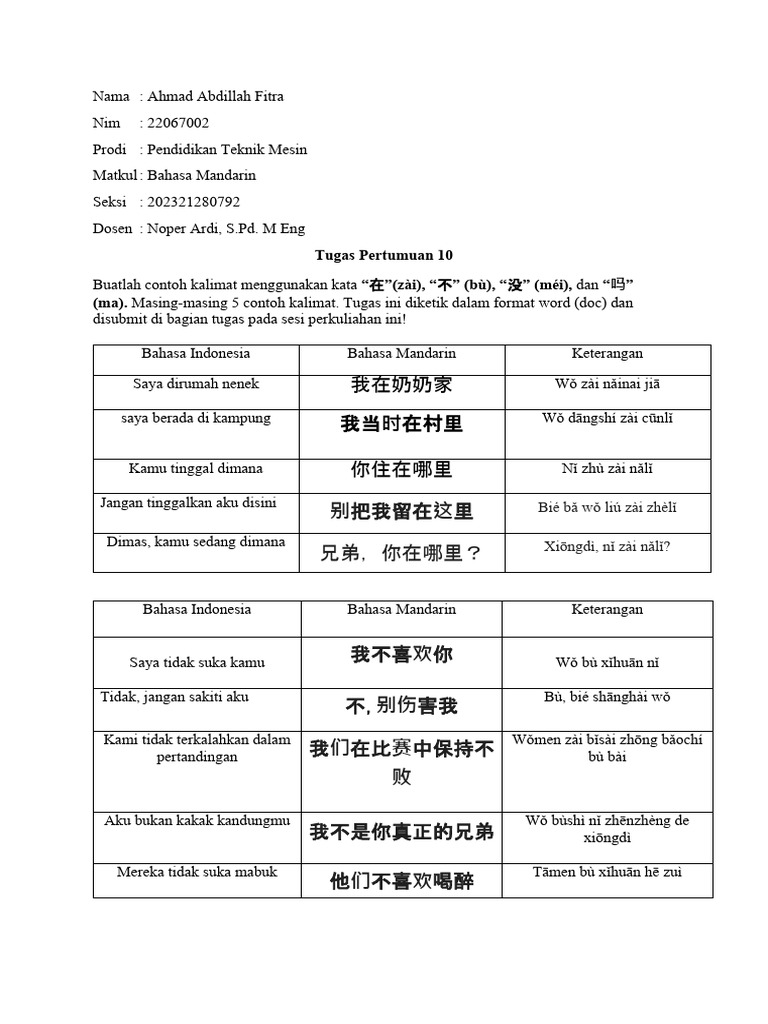 TP 10 Bhs Mandarin - Ahmad Abdillah Fitra - 22067002 | PDF