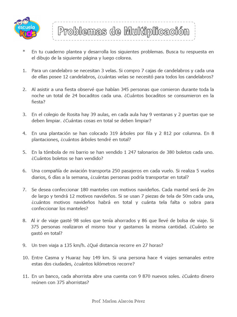 Problemas Multiplicacion Cuarto Primaria | PDF