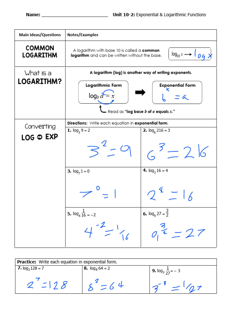 Unit 10-2 Notes | PDF | Exponential Function | Logarithm