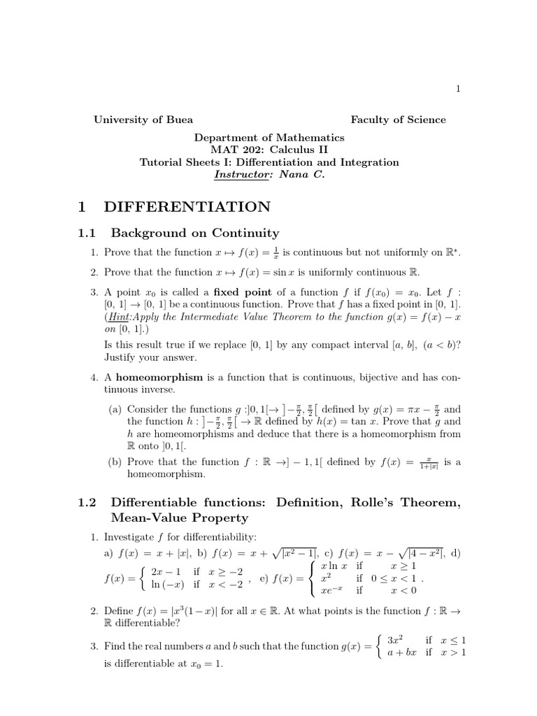 Mat202 Tutorials Sheets I | PDF | Function (Mathematics) | Continuous Function