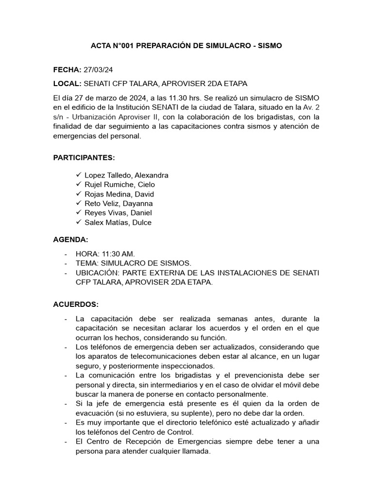ACTA 01 - SIMULACRO DE SISMO (1) | PDF