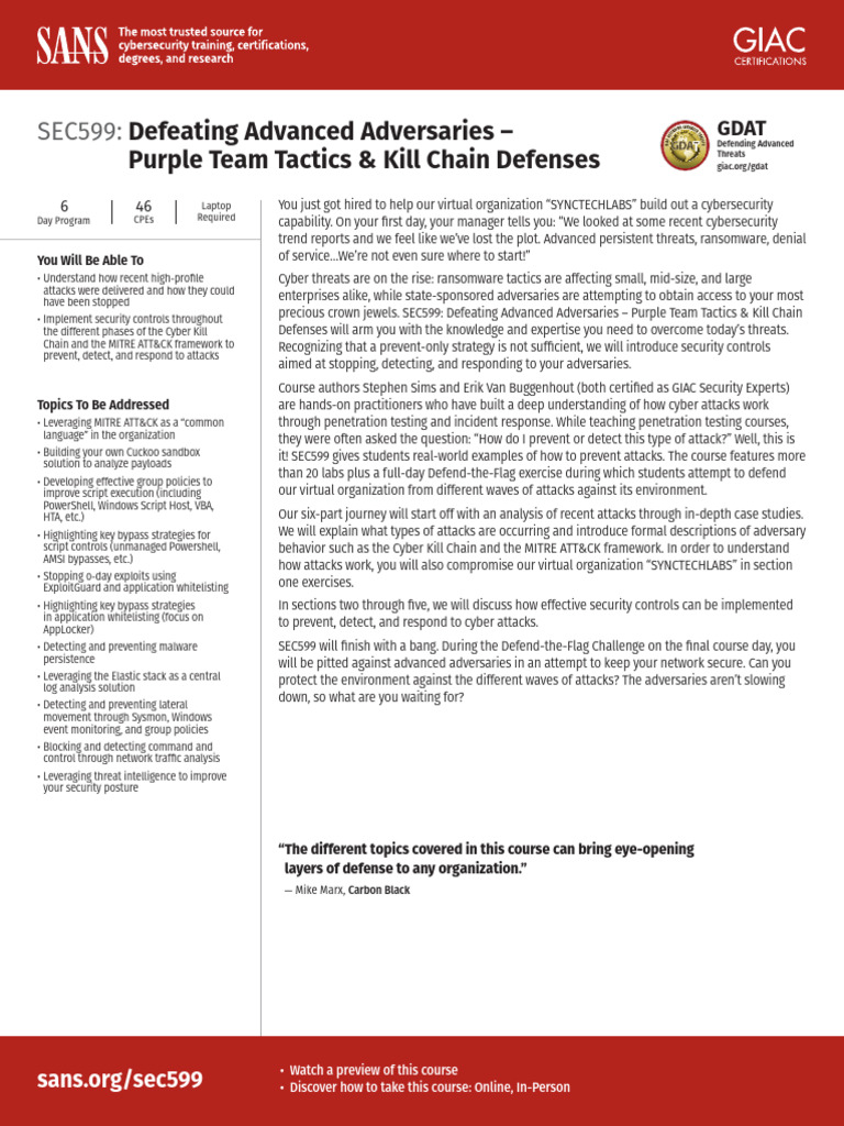 SANS Institute SEC599 Brochure | PDF | Computer Security | Security