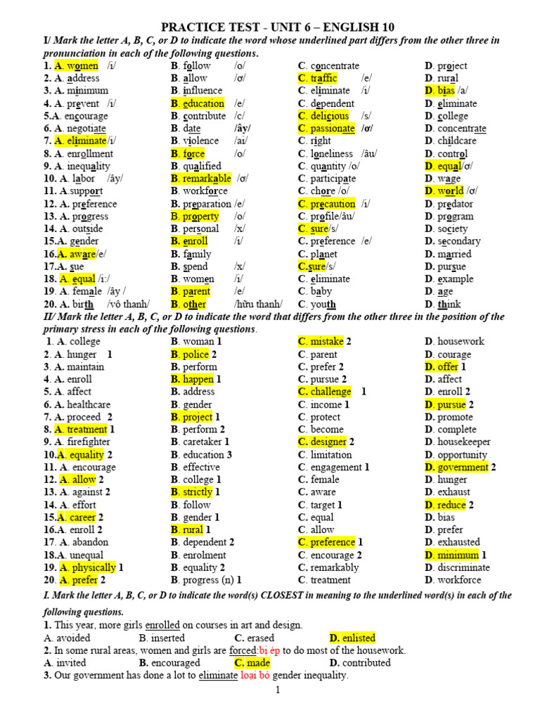 Practice Test Unit 6 G10 | PDF | Gender Inequality | Gender Studies