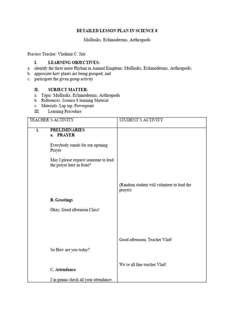 Detailed Lesson Plan in Science 8 Animal Kingdom 2 | PDF | Mollusca ...